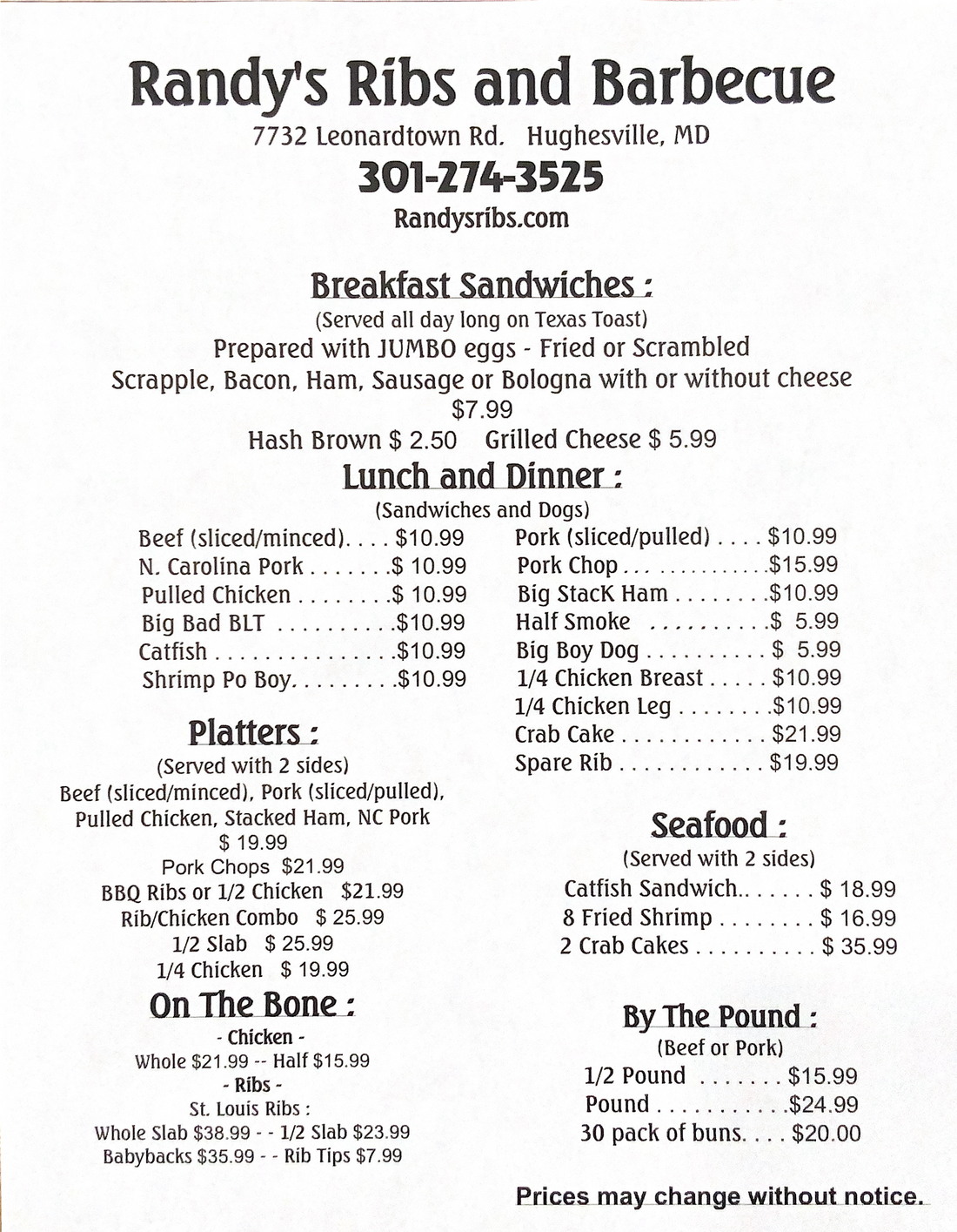 Hughesville Menu – Randy's Ribs & BBQ