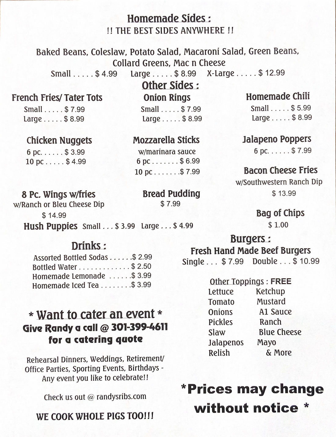 Hughesville Menu – Randy's Ribs & BBQ
